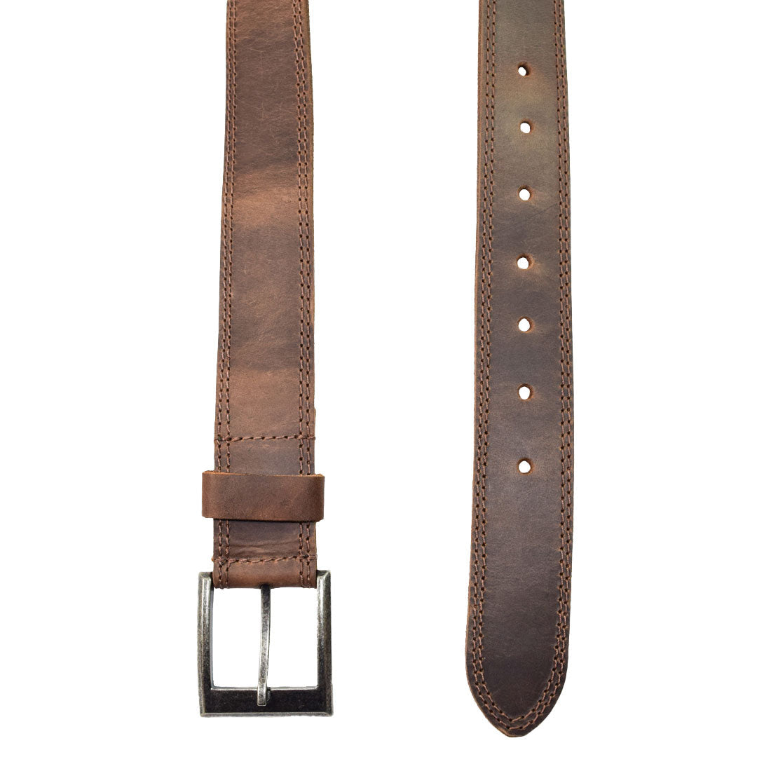 Two Row Stitch Thick Leather Belt with Rustic Nickel Buckle ...
